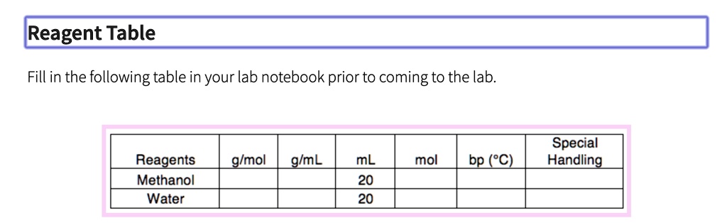 SOLVED: Reagent Table Fill in the following table in your lab notebook prior to coming to the ...