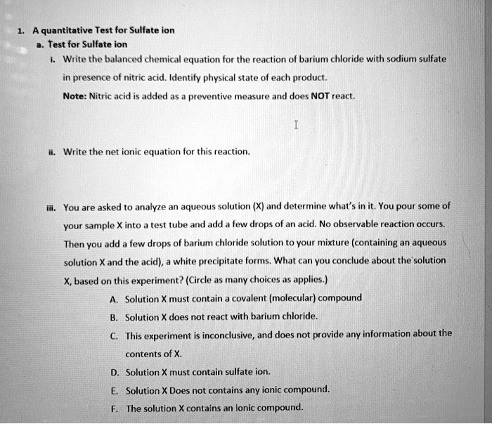 Quantitative Test for Sulfate Ion Write the balanced chemical equation ...