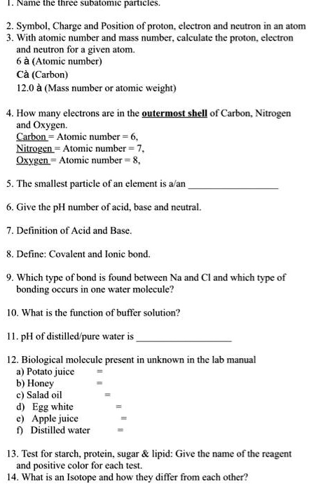 1. Name the three subatomic particles. 2. Symbol, Charge and Position of proton, electron and ...