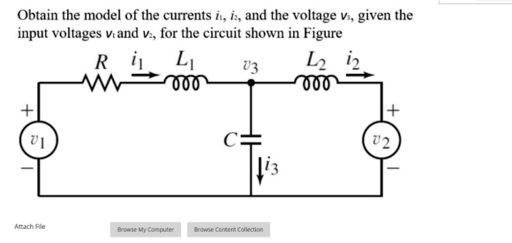 Obtain the model of the currents i1, i2, and the voltage v3, given the input voltages v1 and v2 ...