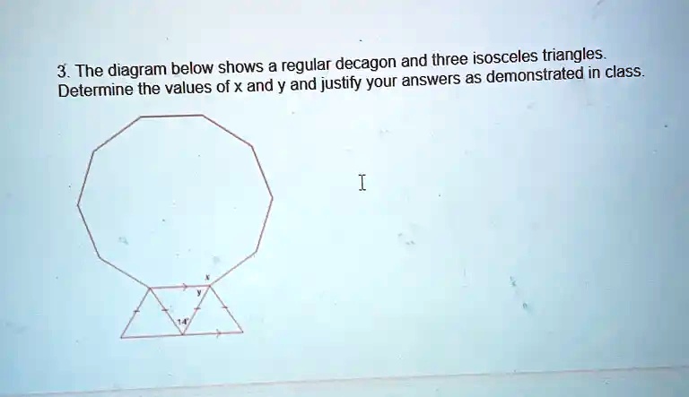 3. The diagram below shows a regular decagon and three isosceles triangles. Determine the values ...