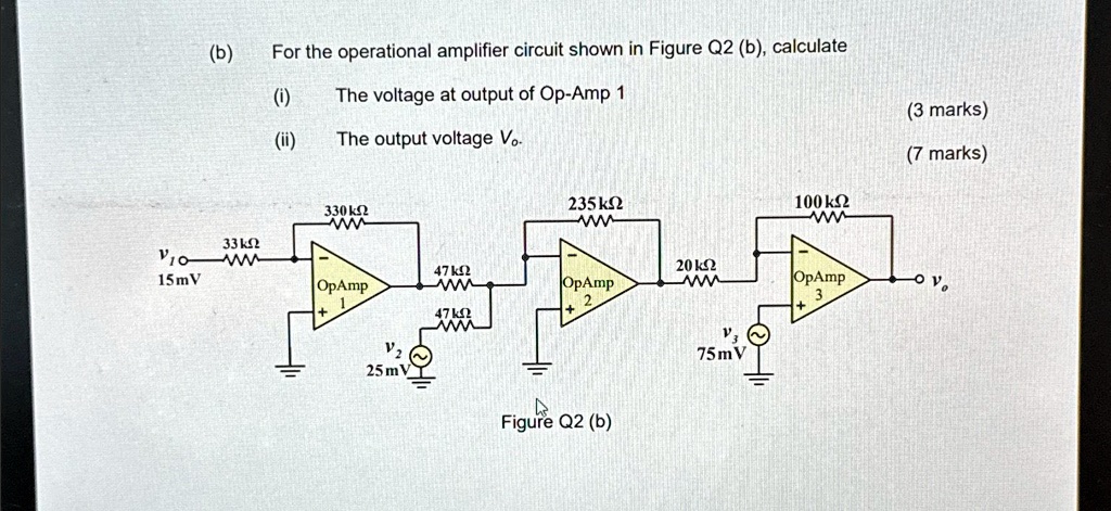 (b) For the operational amplifier circuit shown in Figure Q2 (b), calculate (i) The voltage at ...