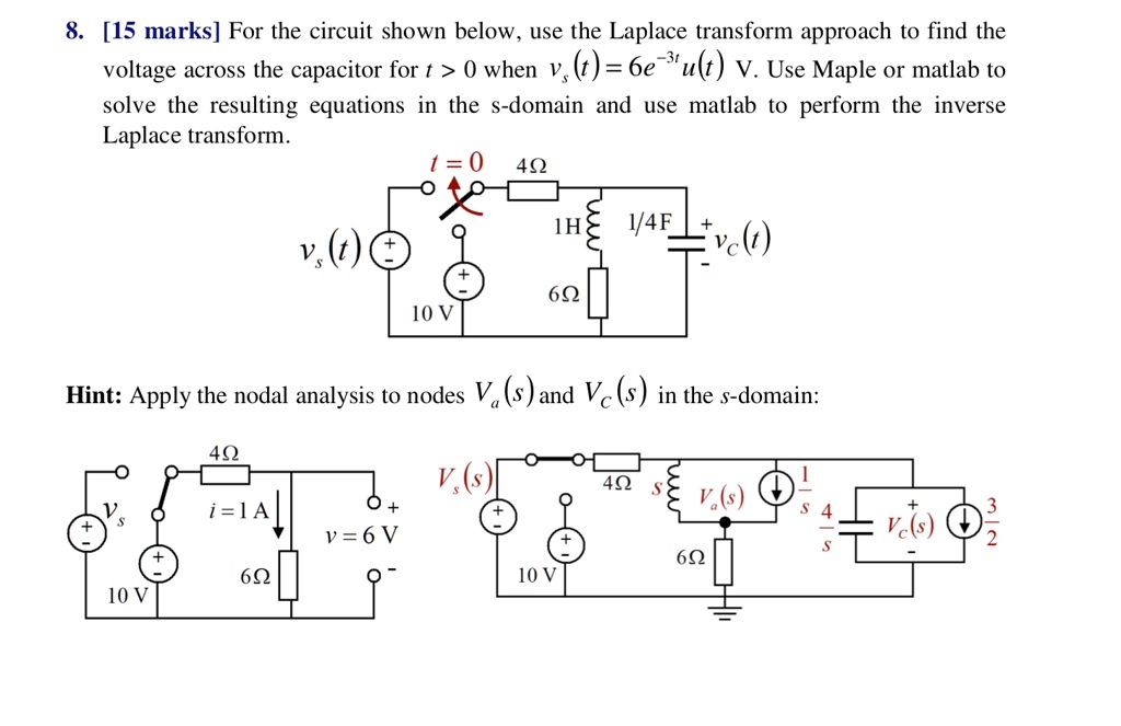 8. [15 marks] For the circuit shown below, use the Laplace transform approach to find the ...