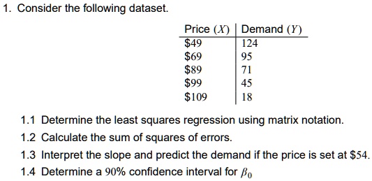 SOLVED: Consider the following dataset: Price 549 Demand 124 95 45 5109 1.1 Determine the least ...