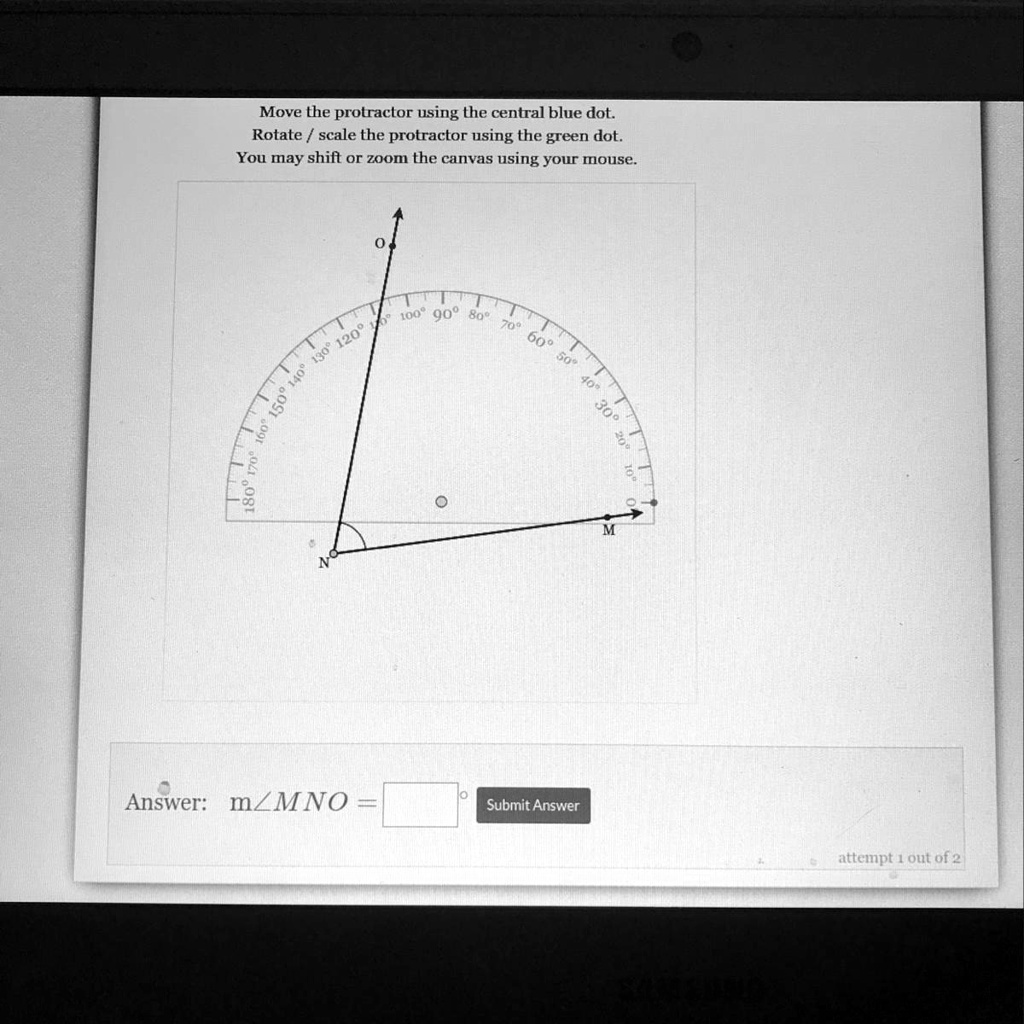 Move the protractor using the central blue dot. Rotate / scale the protractor using the green ...