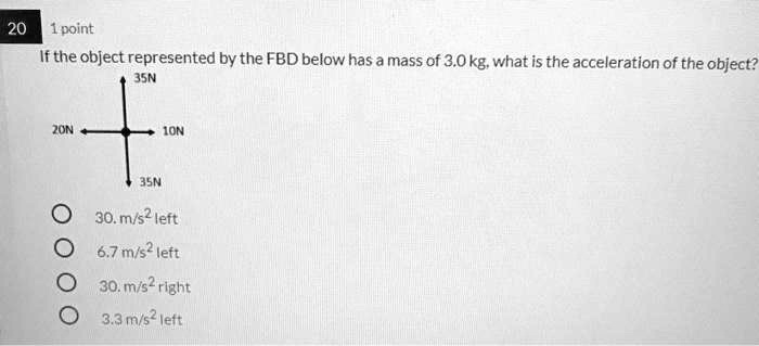 If the object represented by the FBD below has a mass of 3.0 kg, what is the acceleration of the ...
