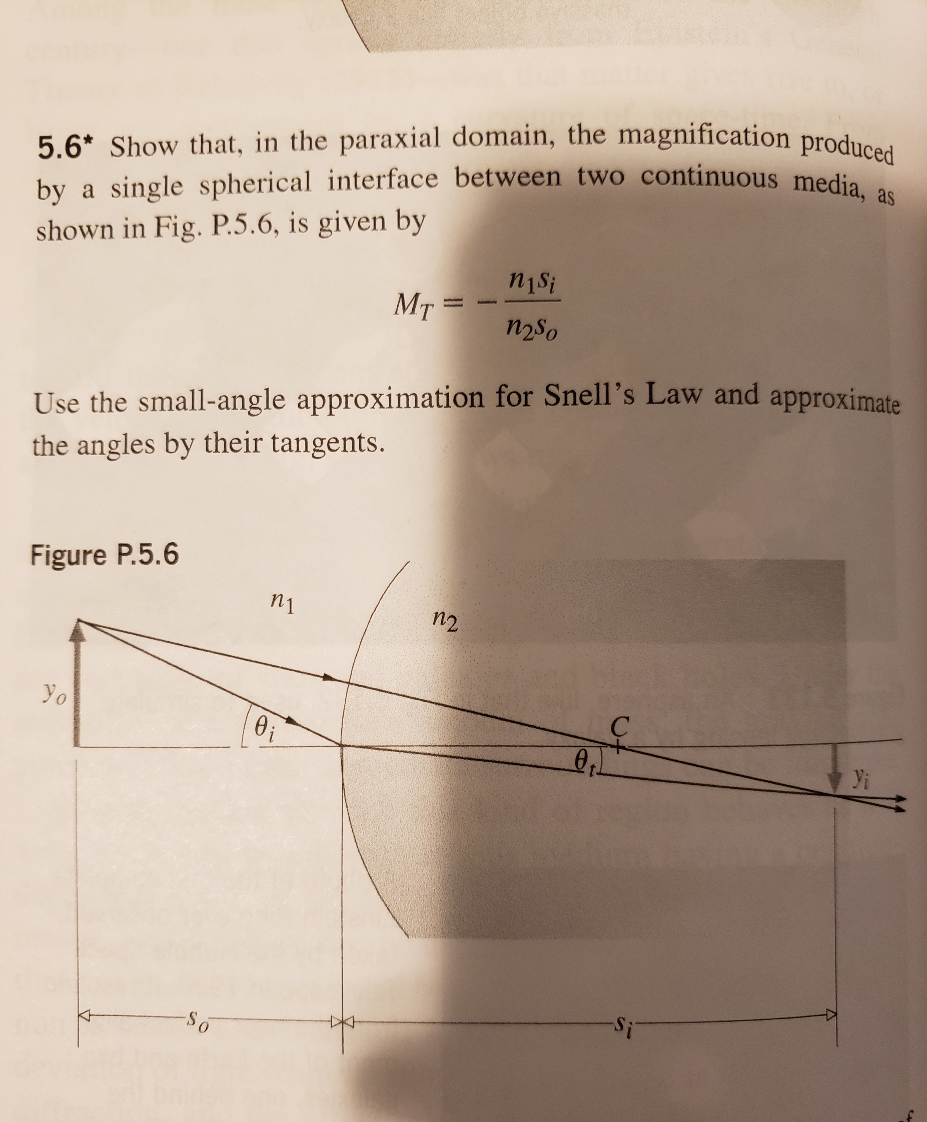5.6^* Show that, in the paraxial domain, the magnification produced by ...