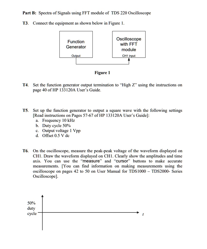 SOLVED: Part B: Spectra of Signals using FFT module of TDS 220 Oscilloscope T3. Connect the ...
