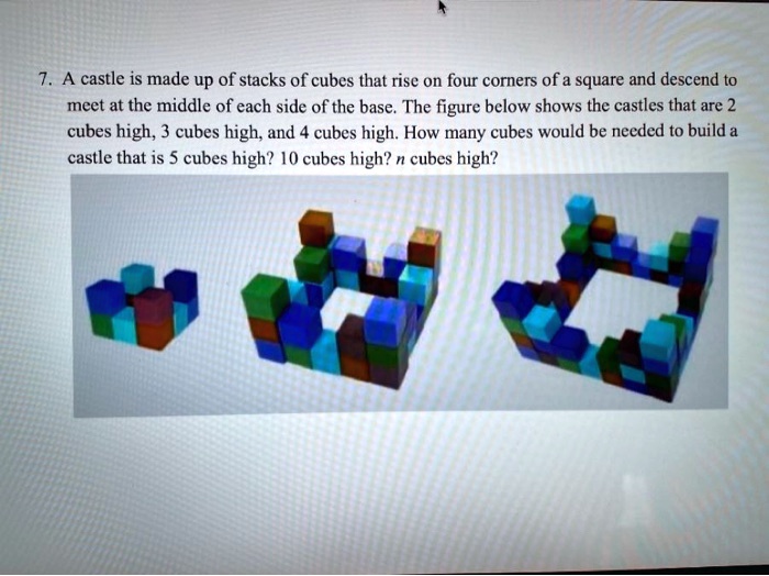 a castle is made up of stacks of cubes that rise on four corners of a ...