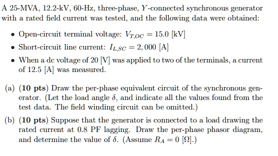 SOLVED: A 25-MVA, 122-kV, 60-Hz, three-phase, Y-connected synchronous generator with rated field ...