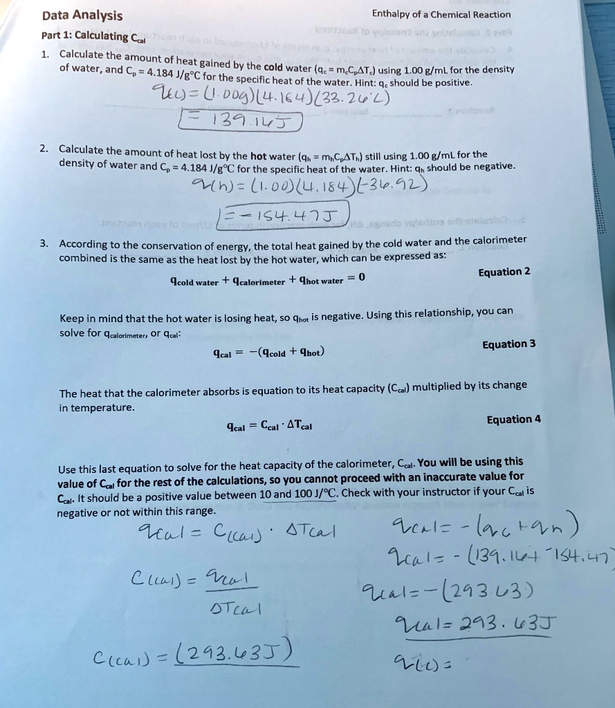 SOLVED: Data Analysis: Enthalpy of Chemical Reaction Part 1 ...