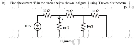 b) Find the current ' i ' in the circuit below shown in figure 1 using Thevenin's theorem. 5+10 ...