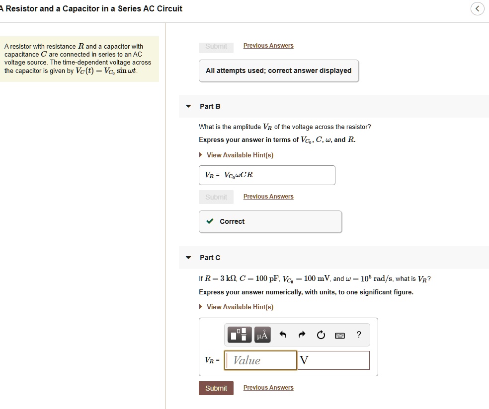 SOLVED: Resistor and Capacitor in Series AC Circuit A resistor with resistance R and a capacitor ...
