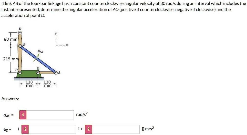 if link ab of the four bar linkage has a constant counterclockwise angular velocity of 30 rads ...