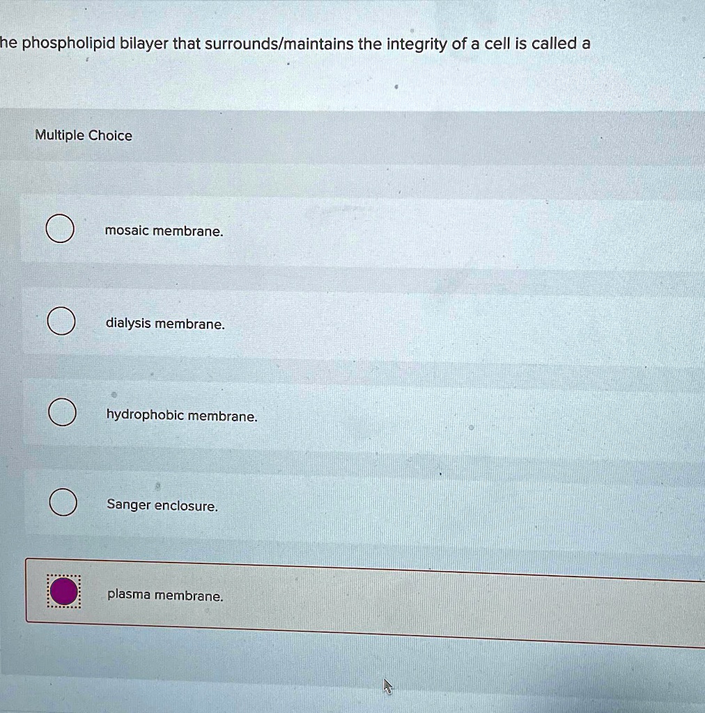 The phospholipid bilayer that surrounds/maintains the integrity of a ...