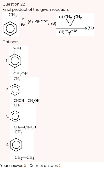 Question 22: Final product of the given reaction: CH3 Br2 Fe (A) Mg/ether (B) (i) CH2-CH2 O (ii ...