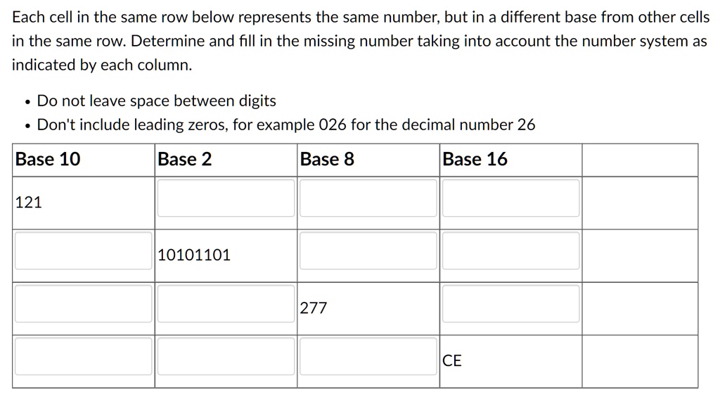 SOLVED: Each cell in the same row below represents the same number; but in a different base from ...