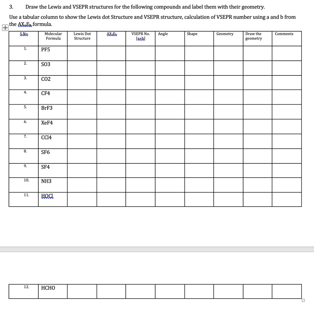SOLVED: 3. Draw the Lewis and VSEPR structures for the following ...