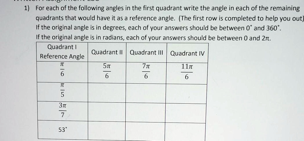 SOLVED: 1) For each of the following angles in the first quadrant write ...