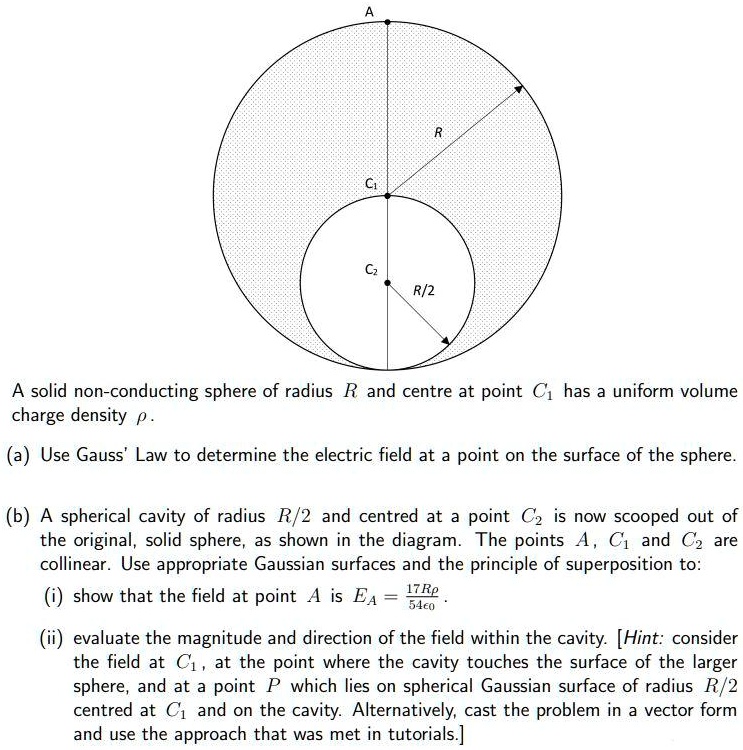 SOLVED: A solid non-conducting sphere of radius R and center at point Ci has a uniform volume ...