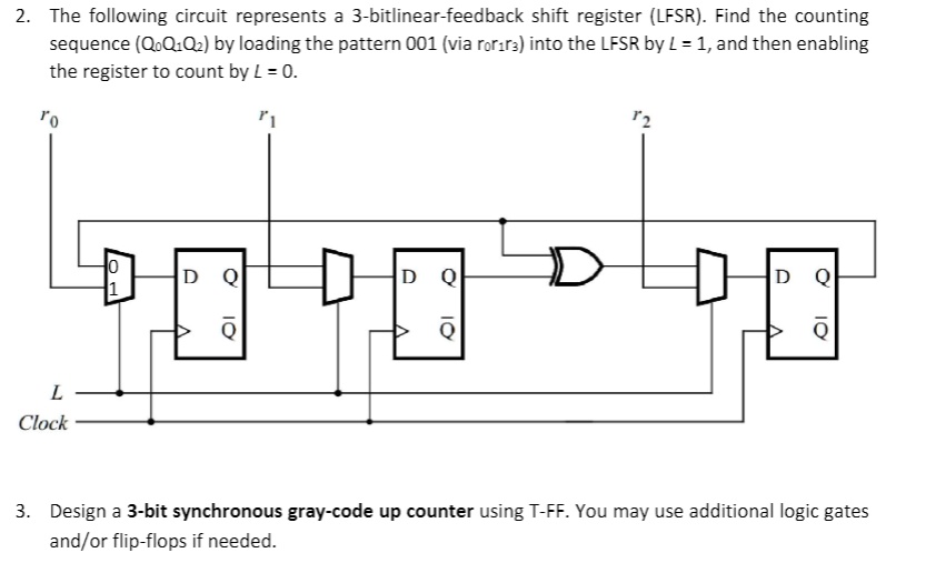 SOLVED: 2. The following circuit represents a 3-bit linear-feedback shift register (LFSR). Find ...