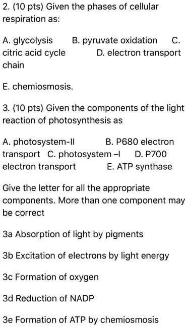 SOLVED: 2. (10 pts) Given the phases of cellular respiration as: A ...