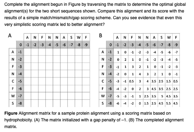 SOLVED: Complete the alignment begun in Figure by traversing the matrix to determine the optimal ...