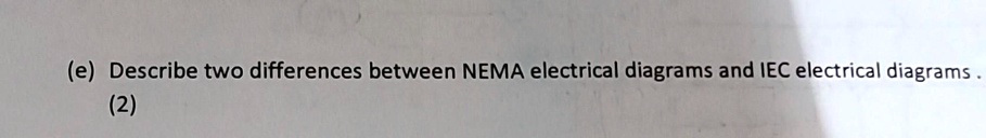 (e) Describe two differences between NEMA electrical diagrams and IEC electrical diagrams. (2)
