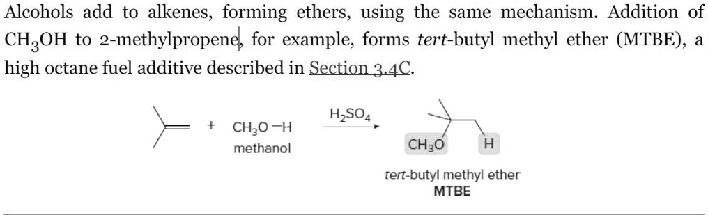 SOLVED: Alcohols add to alkenes; forming ethers, using the same mechanism. Addition of CHzOH to ...