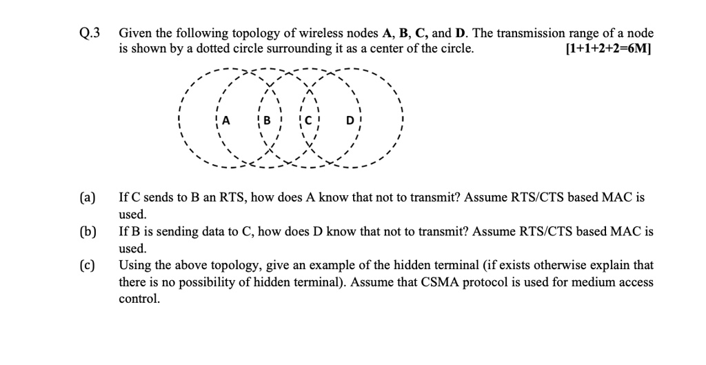 SOLVED: Q.3 Given the following topology of wireless nodes A, B, C, and ...