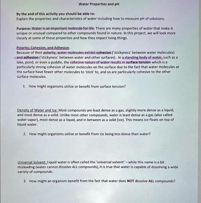 Water Properties and pH By the end of this activity you should be able ...
