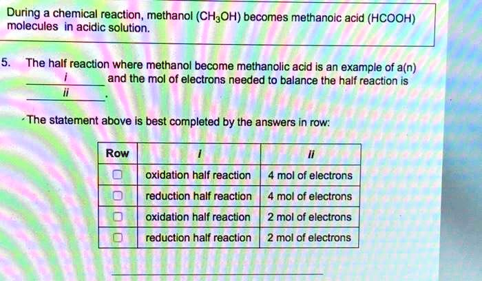SOLVED: During a chemical reaction;, methanol (CH;OH) becomes methanoic ...