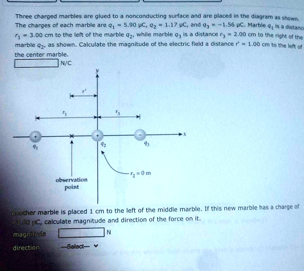 SOLVED: Three charged marbles are glued to a nonconducting surface and ...