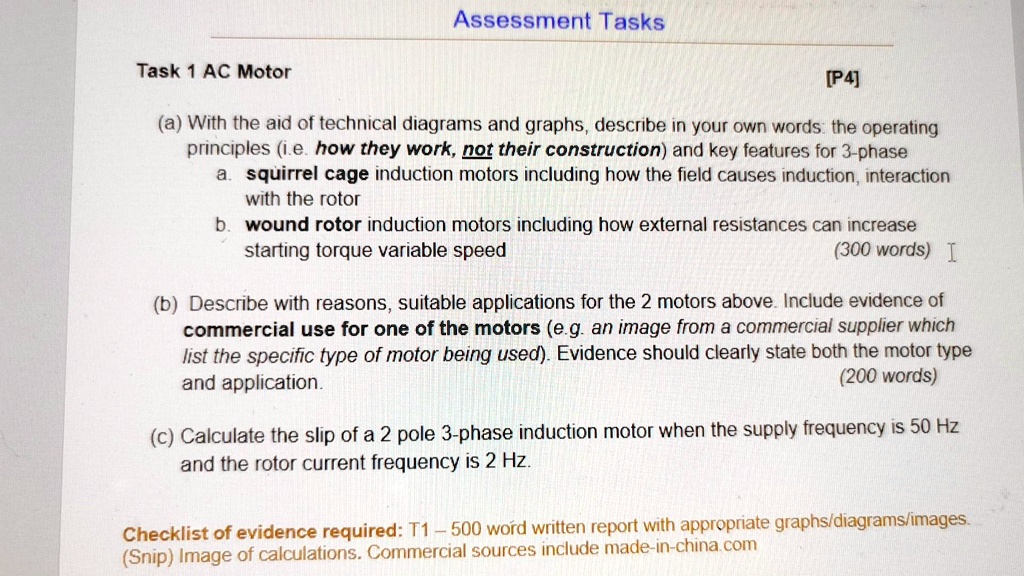 Task 1 AC Motor Assessment Tasks [P4] (a) With the aid of technical ...