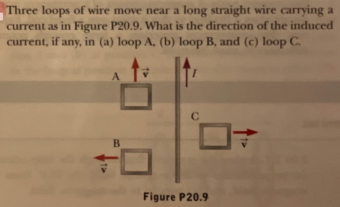 SOLVED: Three loops of wire move near a long straight wire carrying a current as in Figure P20.9 ...