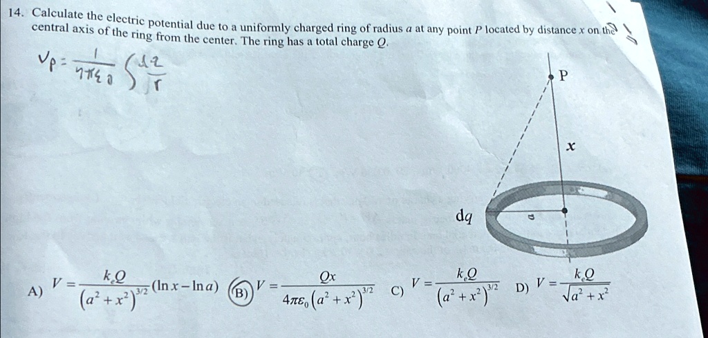 14. Calculate the electric potential due to a uniformly charged ring of ...