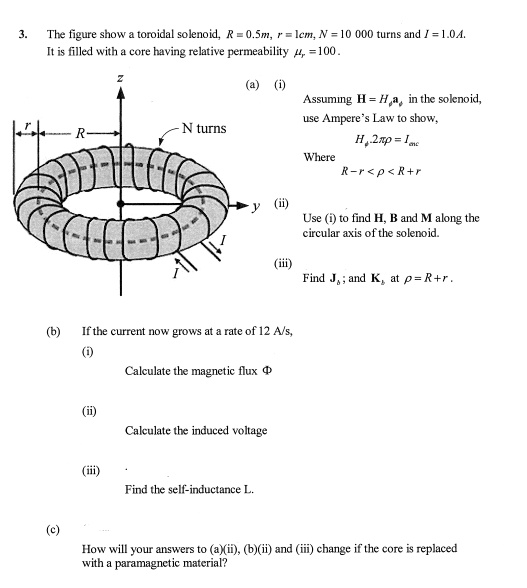 SOLVED: The figure shows a toroidal solenoid, R = 0.5m, r = 1cm, N ...
