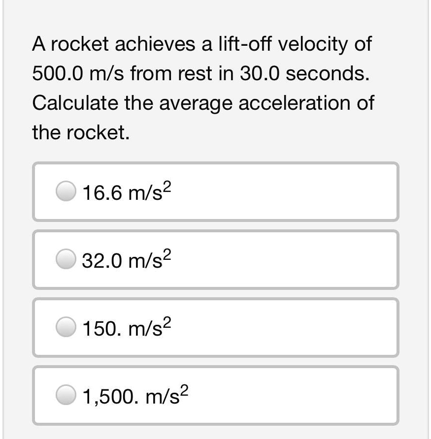 SOLVED: 'A rocket achieves a lift-off velocity of 500.0 m/s from rest in 30.0 seconds. Calculate ...