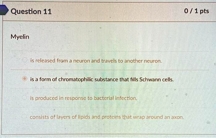 Question 11 Myelin is released from a neuron and travels to another ...