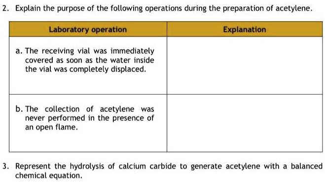2. Explain the purpose of the following operations during the preparation of acetylene ...