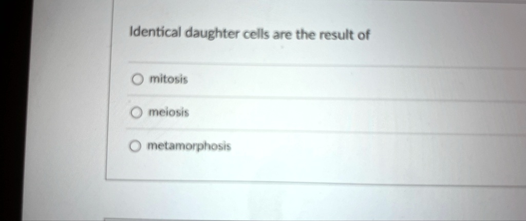 Identical daughter cells are the result of mitosis meiosis ...