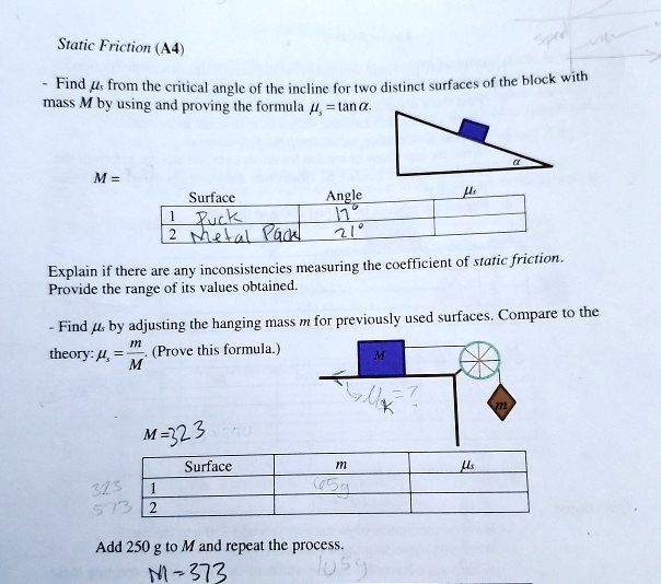 SOLVED: Static Friction (A4) Find Uts with from the critical angle of the incline for two ...