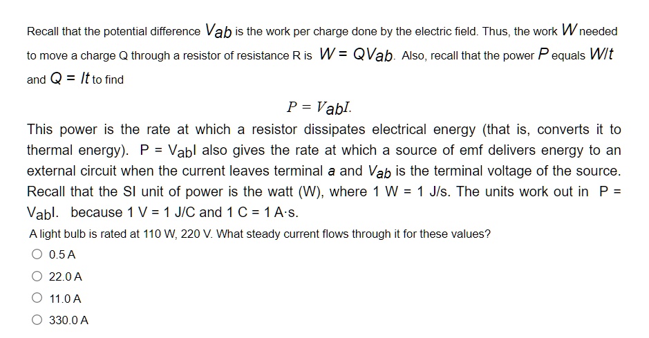 SOLVED: Recall that the potential difference Vab is the work per charge ...