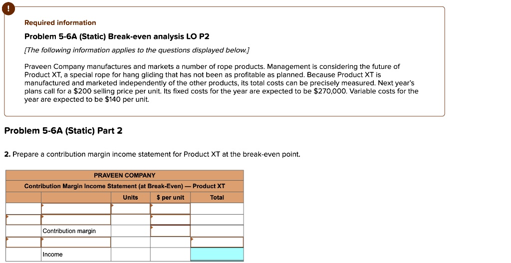 SOLVED: Required information Problem 5-6A (Static) Break-even analysis LO P2 [The following ...