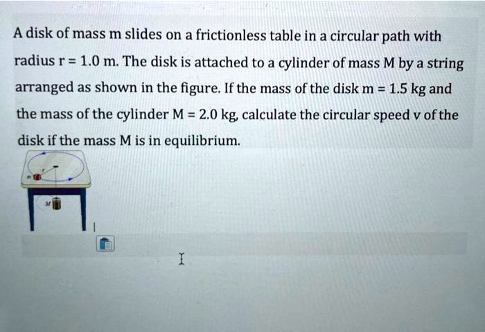 SOLVED: Adisk of mass m slides on a frictionless table in a circular path with radius r = 1.0 m ...