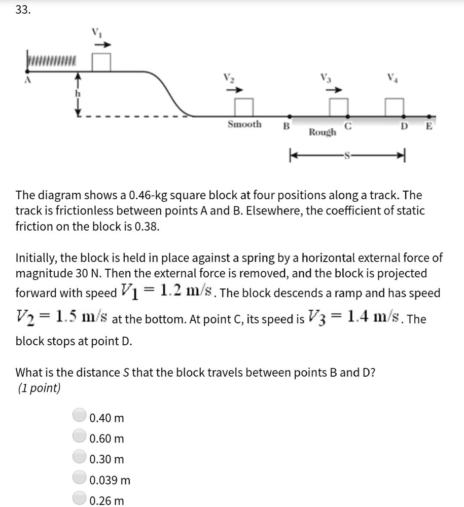 SOLVED: 33. Smooth Rough The diagram shows a 0.46-kg square block at four positions alonga track ...