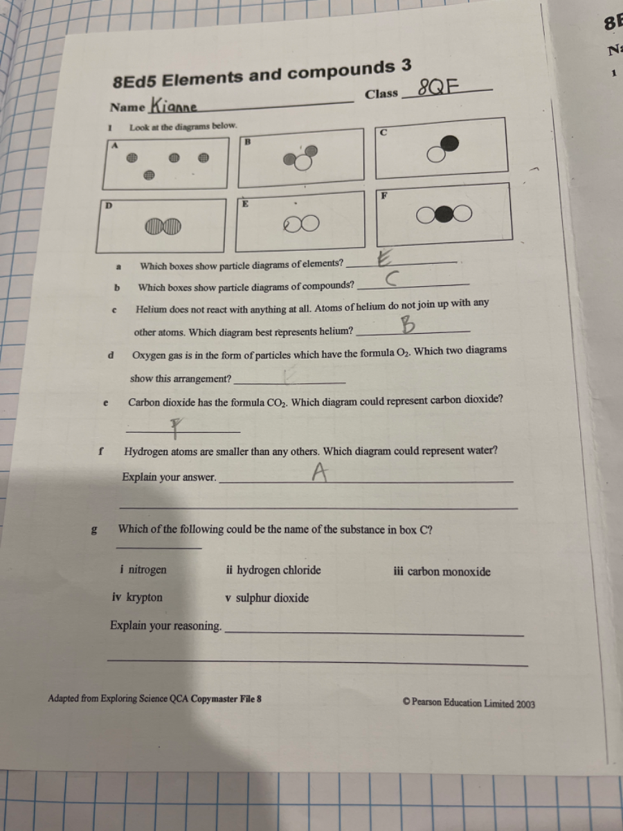 8 Ed5 Elements and compounds 3 Name Kianne Class 1 Look at the diagrams ...