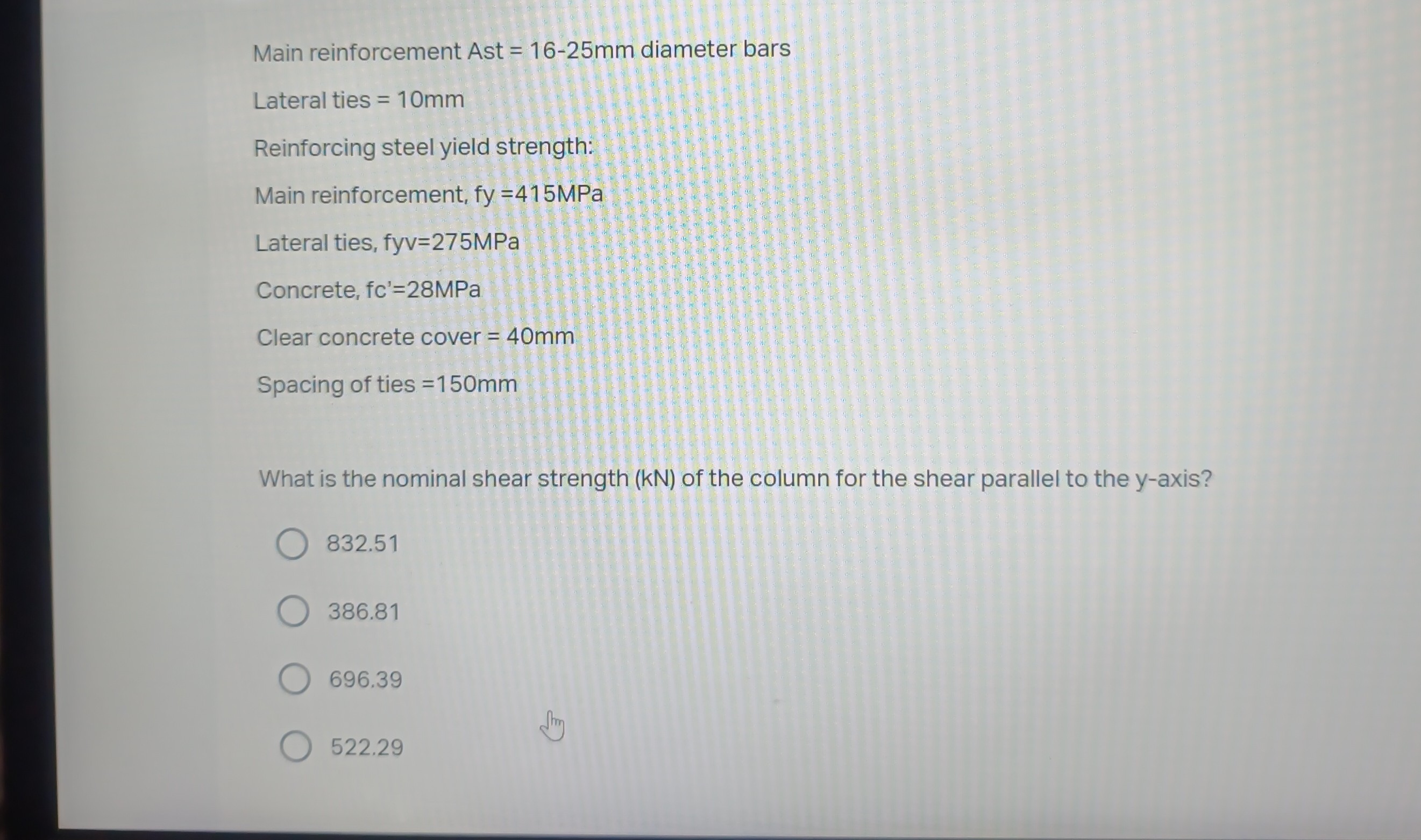 main reinforcement ast 16 25 mathrmmm diameter bars lateral ties 10 ...