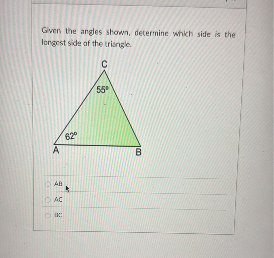 Given the angles shown, determine which side is the longest side of the ...