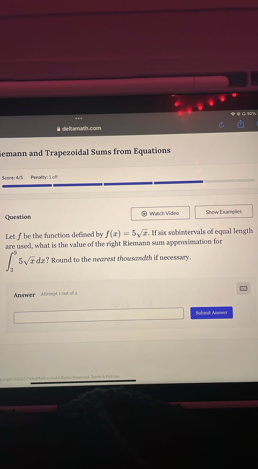 deltamath.com emann and Trapezoidal Sums from Equations Score: 4/5 ...